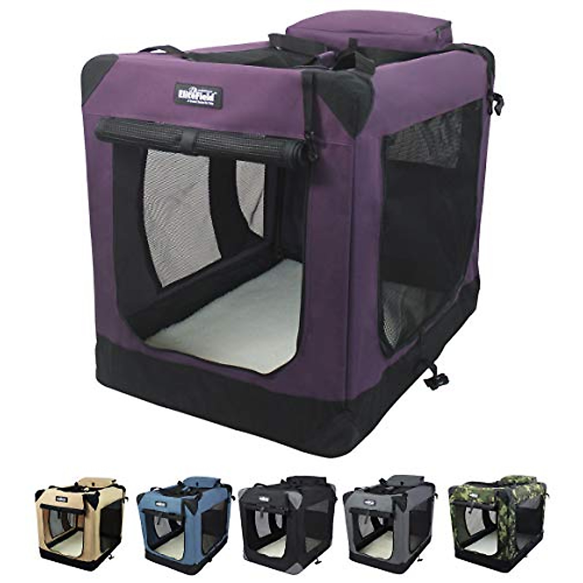 EliteField 3-Door Folding Soft Dog Crate with Carrying Bag and Fleece Bed (2 Year Warranty), Indoor & Outdoor Pet Home (42" L x 28" W x 32" H, Purple)