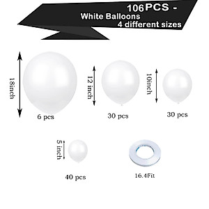 White Balloons,106pcs White Balloon Garland Arch Kit with 18+12+10+5 inch Different Sizes Latex Balloons for Birthday Wedding Baby Shower.