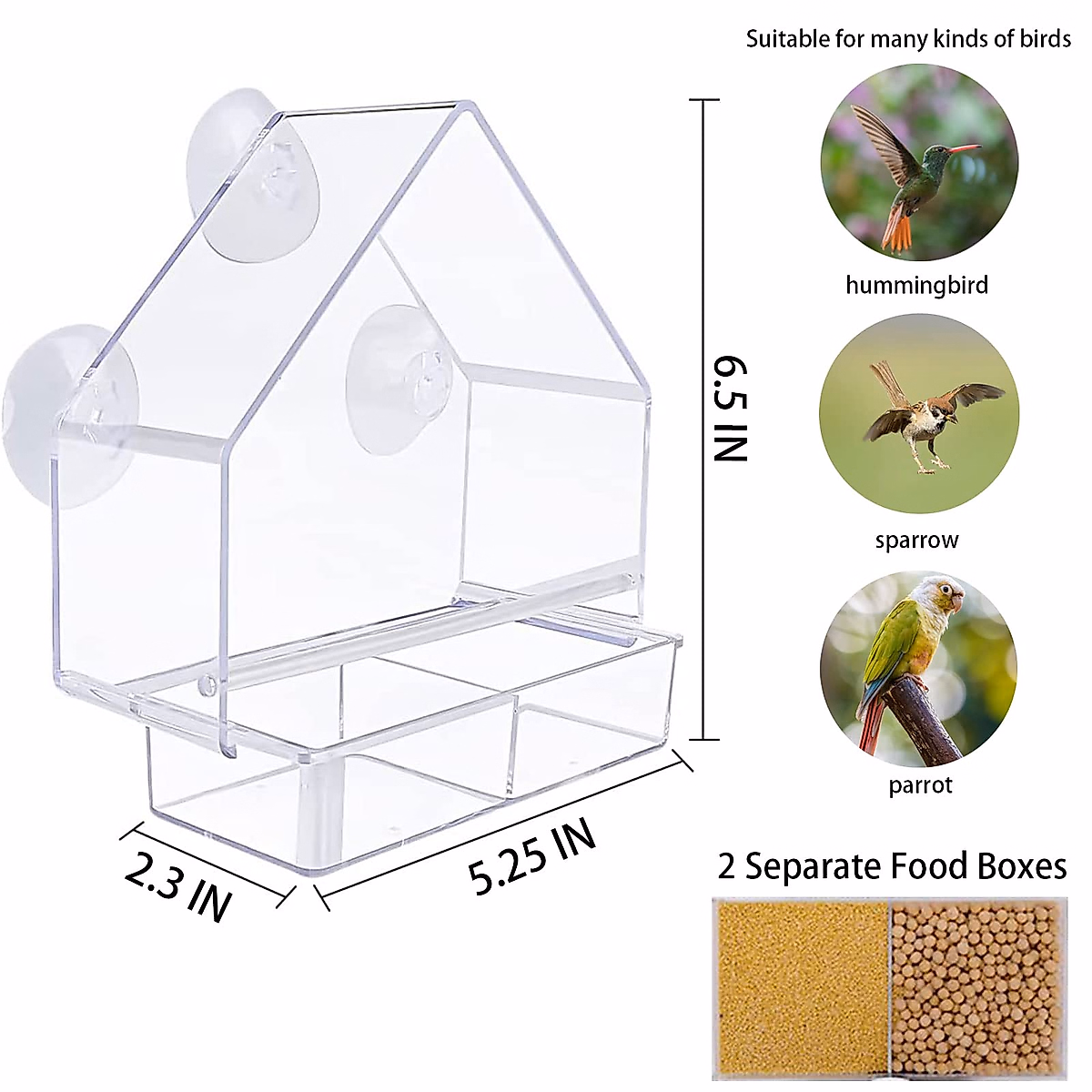 Clear Window Bird Feeder, Squirrel Proof with Strong Suction Cups Removable Sliding Seed Tray, Fits for Wild Birds. Best Gift