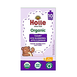 Holle Baby Yogurt Pouches - Organic Yogurt with Blueberry, Apple & Banana Fruit Purée - Drinkable Yogurt Pouches for Kids & Babies 8 Months & Up - (10 Pack) Shelf Stable, Non-Gmo with 0 Sugar Added