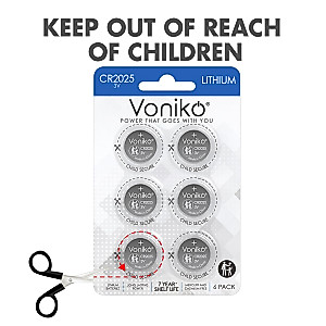 Voniko 3 Volt CR2025 Battery 6 Pack – CR 2025 Button Cell Battery – 2025 Lithium Coin Batteries, 7 Years Shelf Life