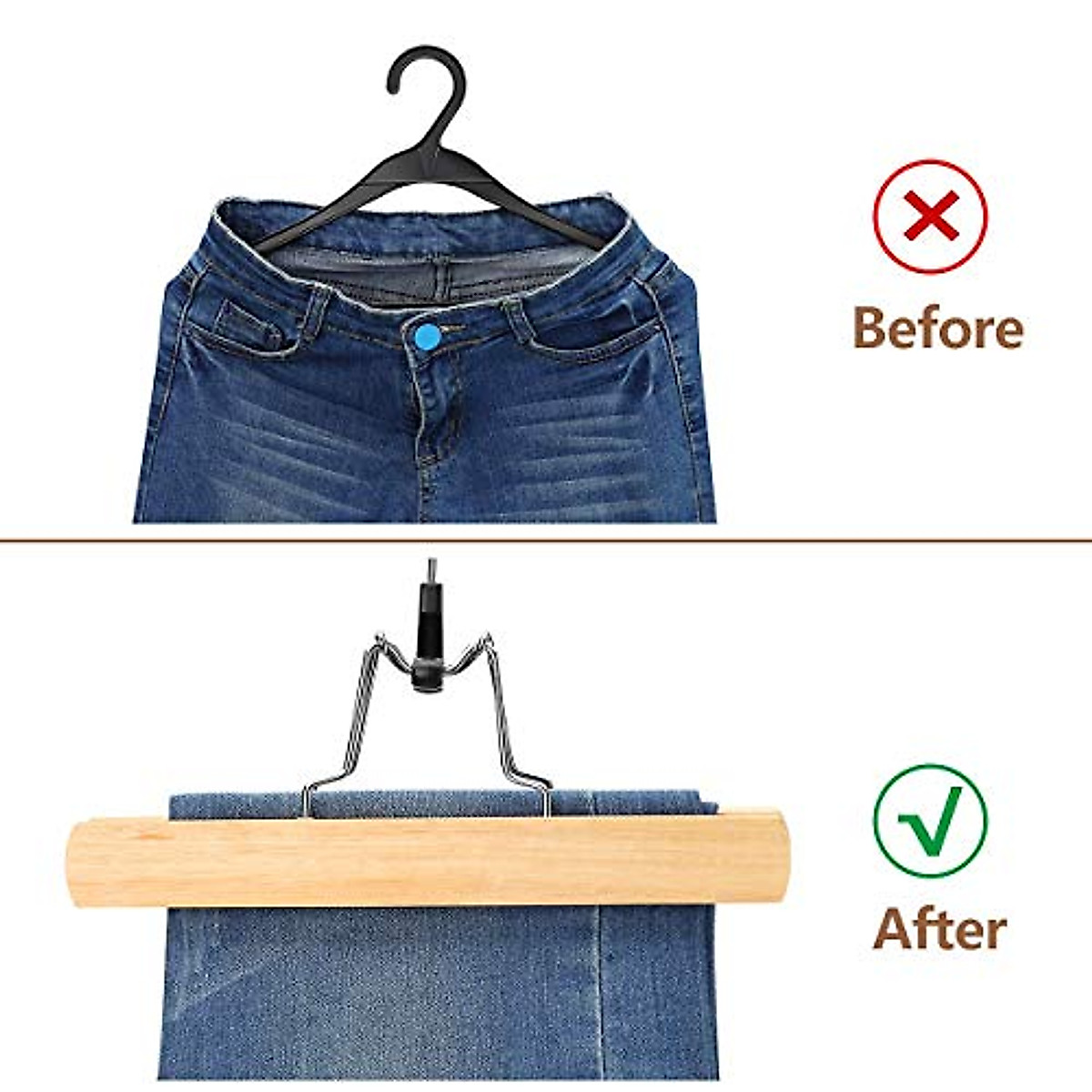 AMKUFO 12 Pack Natural Wooden Pants Hangers with Clips Non Slip Skirt Hangers Trouser Clamp Hanger Solid Wood Hanger with 360° Swivel Hook