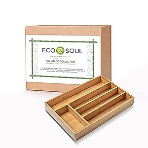 ECO SOUL Organic Bamboo Wooden Kitchen Drawer Organizer | Sturdy, Large 11' x 16' | Organizer Tray for Silverware, Cutlery, Flatware, Utensil Holder | Grooved Drawer Dividers, 6 slots