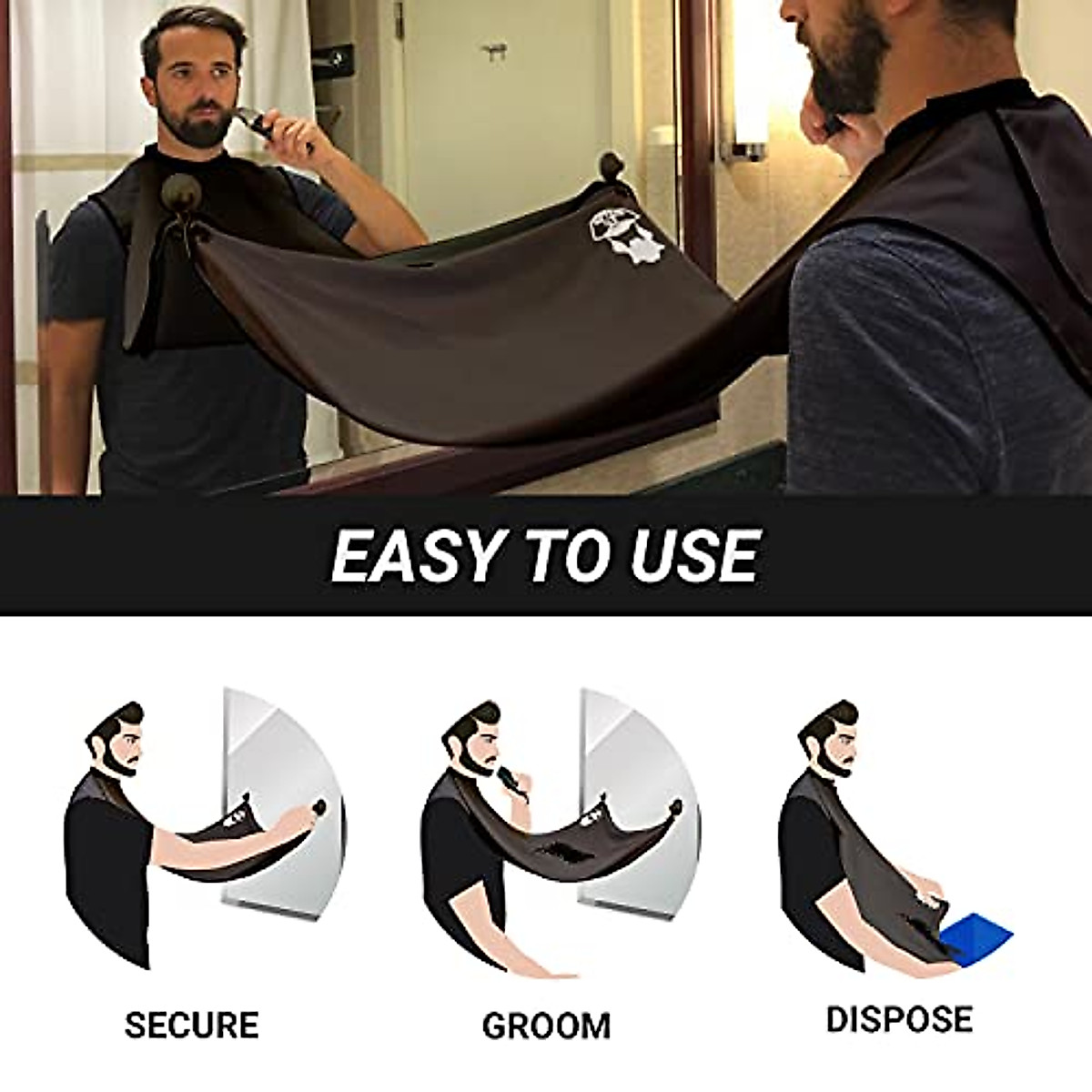 Captain Jax Beard Bib Apron, Hair Catcher with Bag | Shaving Cloth, Strong Suction Cup - Non-Stick Beard Cape for Trimming - One Size, Black