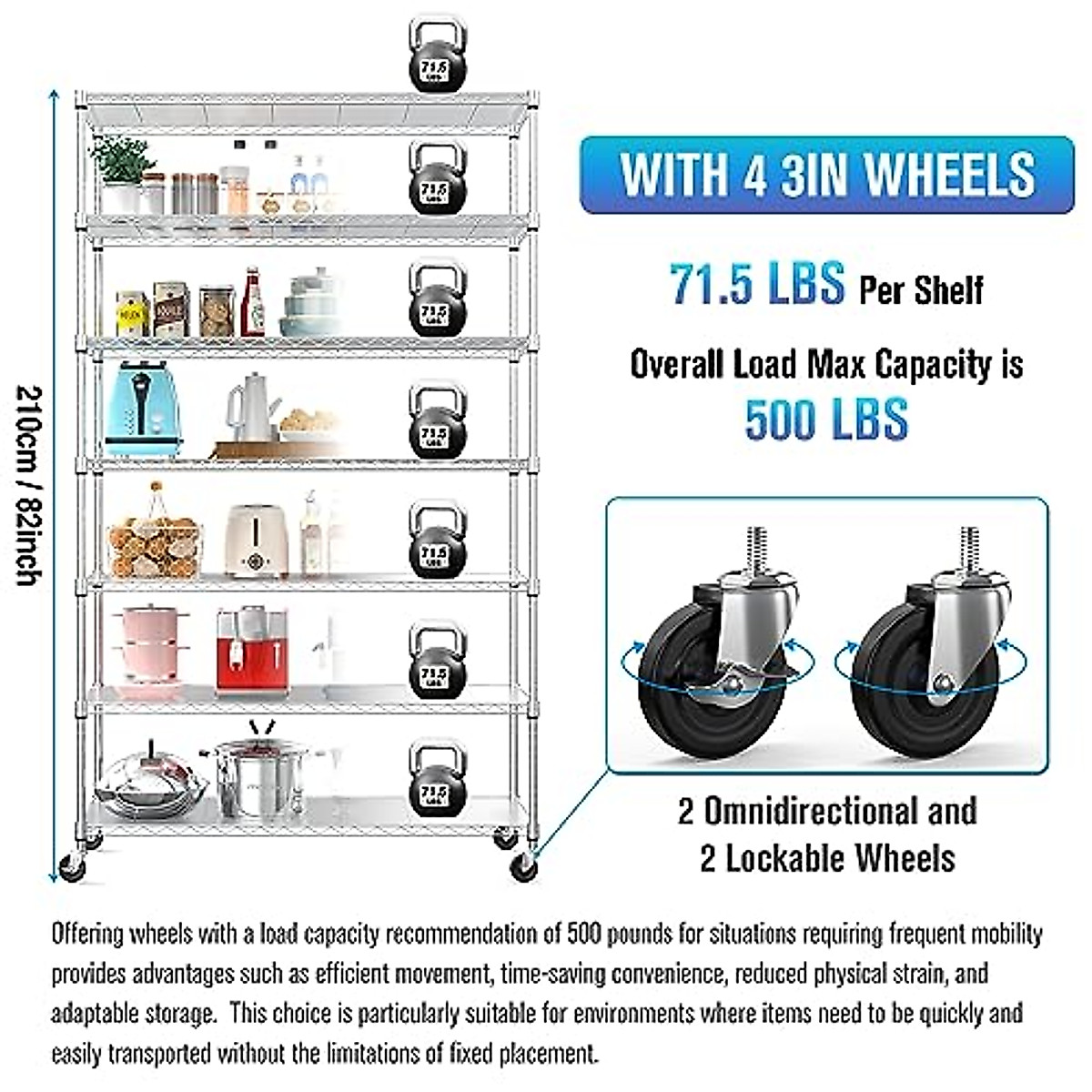 7 Tier NSF Wire Shelf Shelving Unit, 18 x 48 x 82 inch 2450lbs Capacity Heavy Duty Adjustable Storage Metal Rack with Wheels/Leveling Feet & Shelf Liners, Ideal for Garage, Kitchen, and More - Chrome
