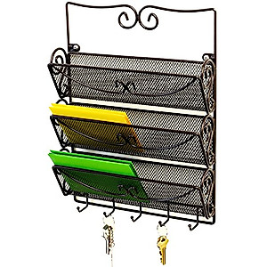 DecoBros Wall Mount 3 Tier Letter Rack Organizer w/ Key Holder, Bronze