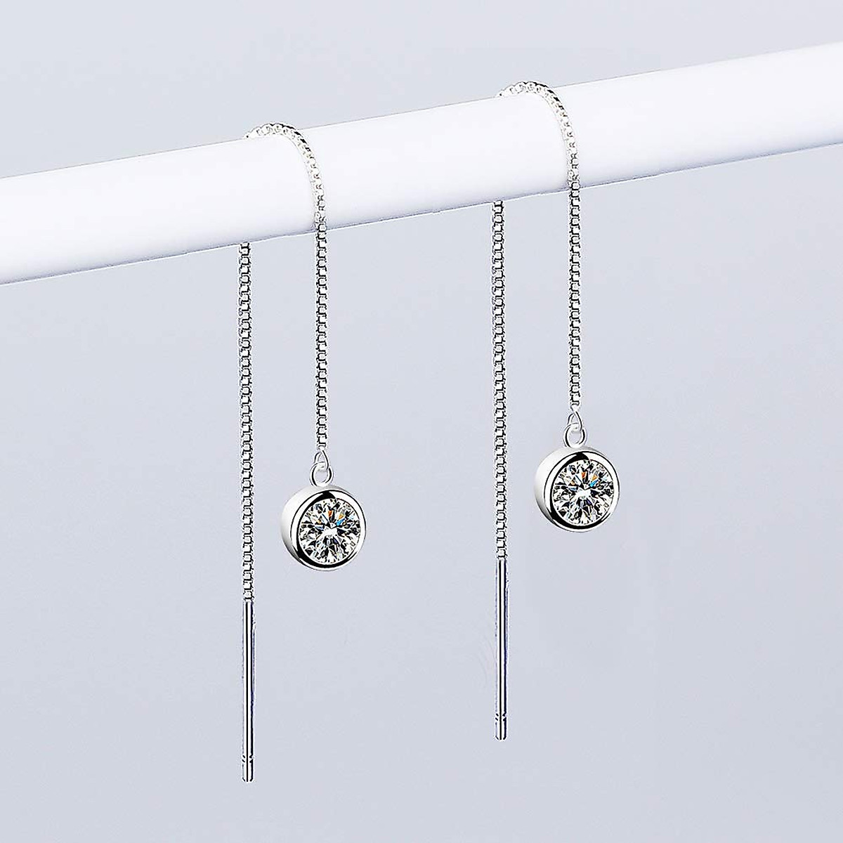 Women 925 Sterling Silver Brilliant Round Cut CZ Needle Threader Pull Through Dangle Earrings