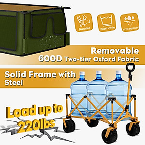 Calanofin Collapsible Folding Wagon Cart Utility 180L Portable Heavy Duty Garden Cart with All-Terrain Beach Wagon with Big Wheels for Sand, Side Pockets & Drink Holders for Shopping Camping Outdoors