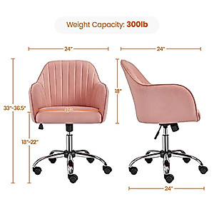 Yaheetech Velvet Office Desk Chair Height Adjustable Task Chairs Modern Office Chair Makeup Chair 360° Swivel Computer Chair Mid Back Chair Living Room Chairs with Arms&Stainless Base Accent Pink