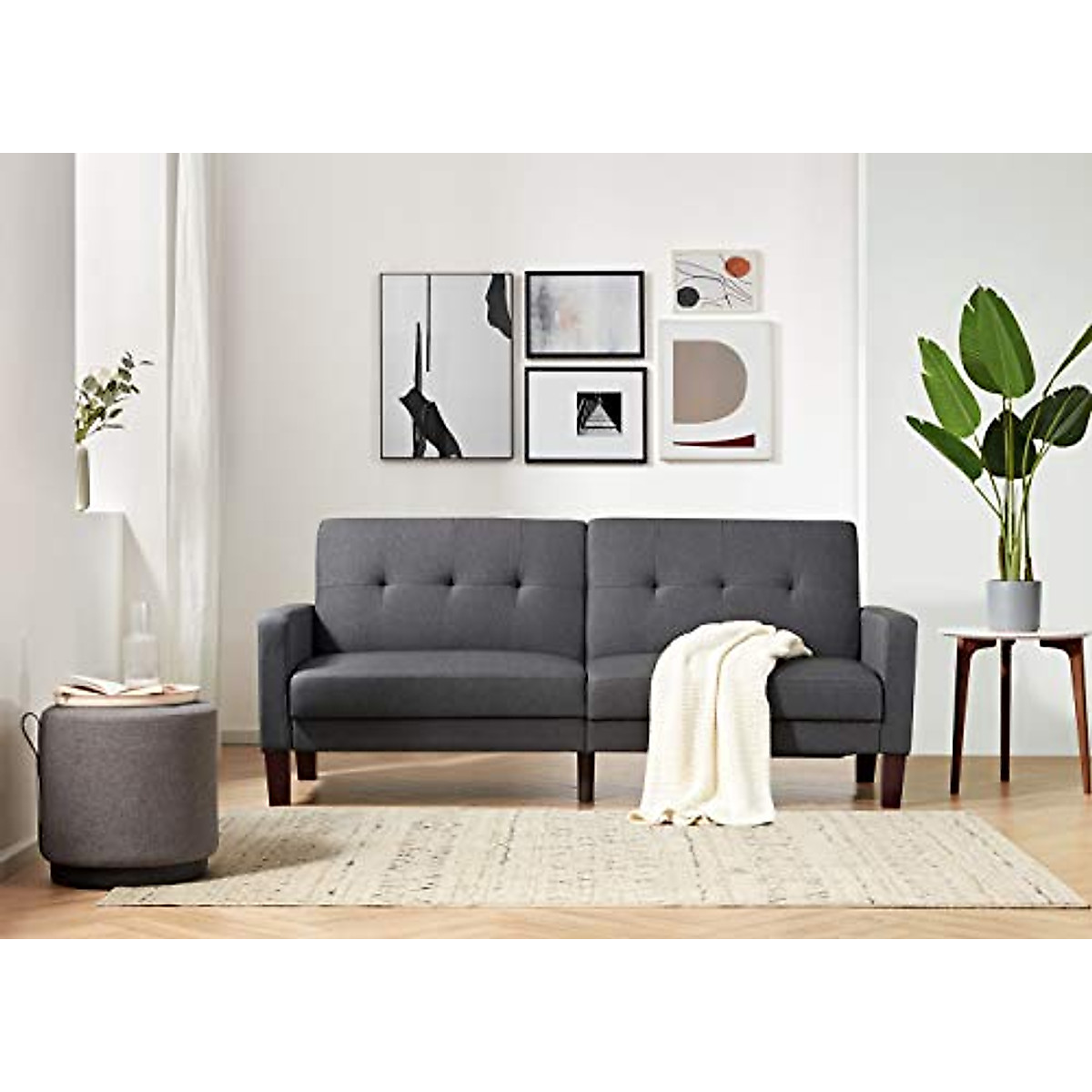 Sofa Futon Premium Linen Upholstery Sofa Can Convertible Into A Bed, Sofa Bed Upholstery with Wooden Legs, Fabric Living Room Sofa Contemporary Plush Sleeper Sofa with Padded Cushions (Grey)