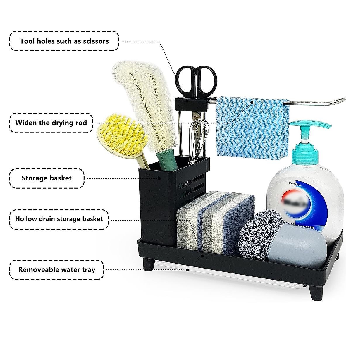 Kitchen Sink Caddy Sponge Holder with Drain Tray, Removable Sink Organizer for Dish Brush,Plastic & Stainless Steel Dish Rag Soap Holder, Non-Slip Dish Brush Holder Storage for Kitchen Counter