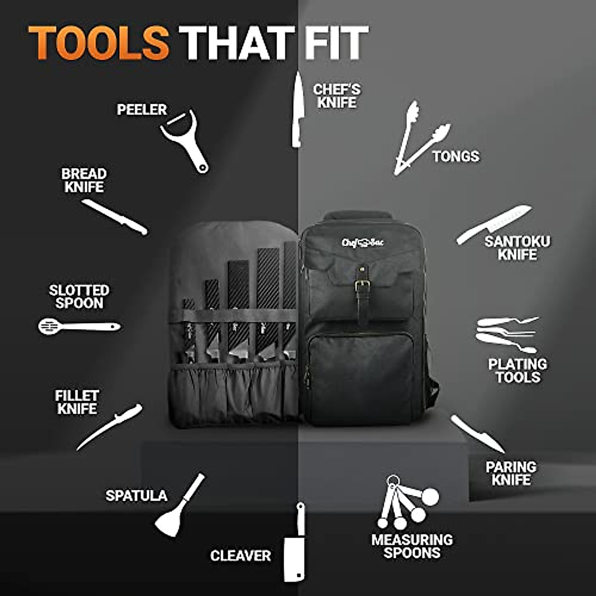 Chef Knife Bag | Traveller Chef Backpack | Water-Resistant Material | 21+ Pockets for Knives & Kitchen Utensils | Dedicated Pocket for Laptop & Notebook | Culinary Gifts for Chefs & Students (Black)