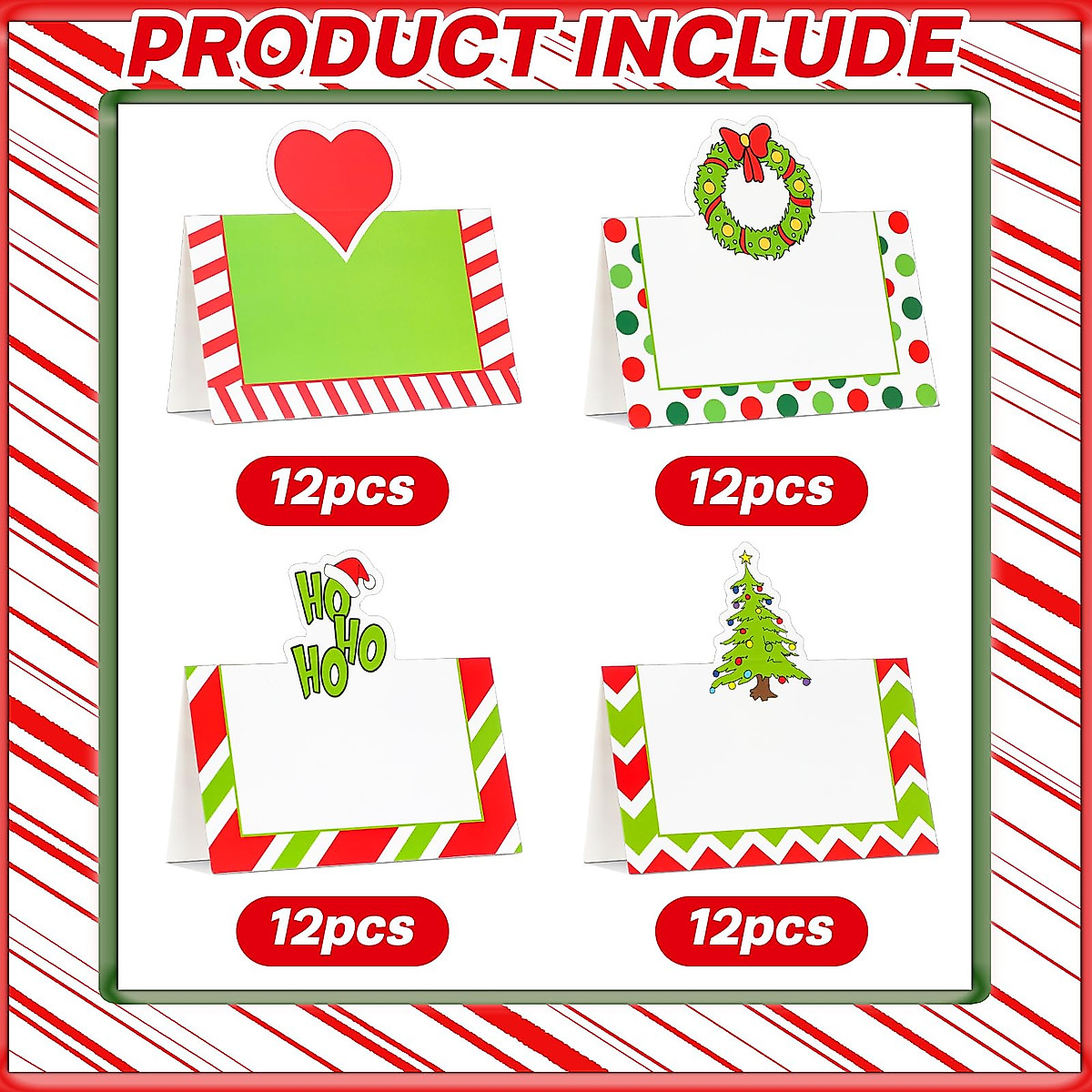 Affrolling 48 Pcs Christmas Place Cards for Table Green Elf Christmas Table Name Cards Green Christmas Elf Place Cards Tented Folded Dinner Name Tag for Birthday Holiday Party