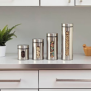 Kitchen Canisters By Home Basics | Retro-Styled For Kitchen Counter | Stainless Steel and Glass | With See-Through Windows (Silver), 4 Pieces, For Flour, Coffee, Sugar, and Dry Ingredients