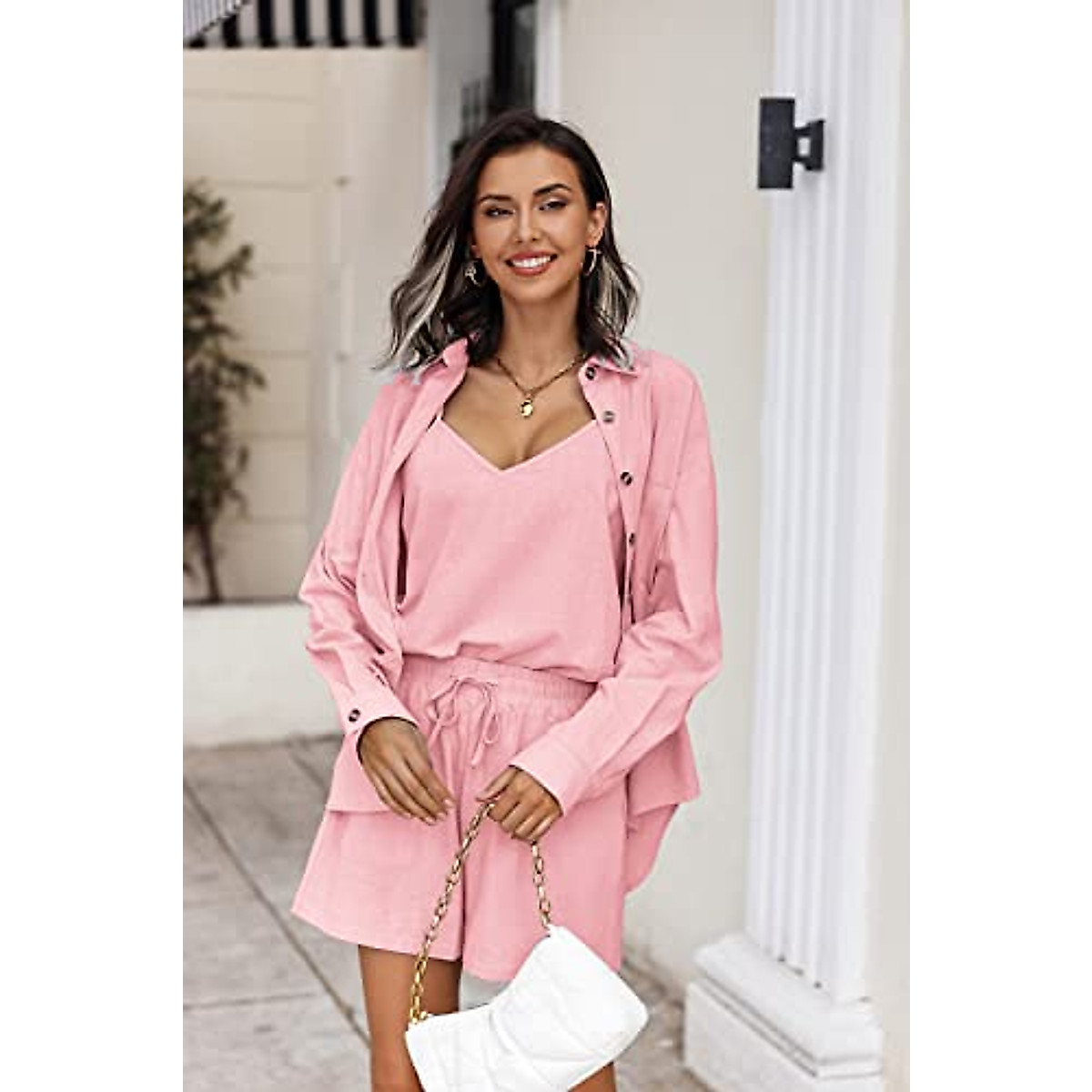 Zeagoo 3 Piece Linen Shorts Set for Women Dressy Casual Shirts Long Sleeve Summer Adjustable Spaghetti Strap Tanks