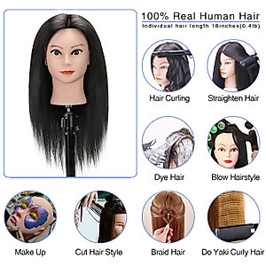 SILKY 100% Real Hair Mannequin Head with Stand, Hairdressers' Practice Training Head and Cosmotology Doll Head for Hairstyling and Braid - Natural Black