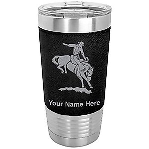 LaserGram 20oz Vacuum Insulated Tumbler Mug, Bronco Rider, Personalized Engraving Included (Faux Leather, Black)