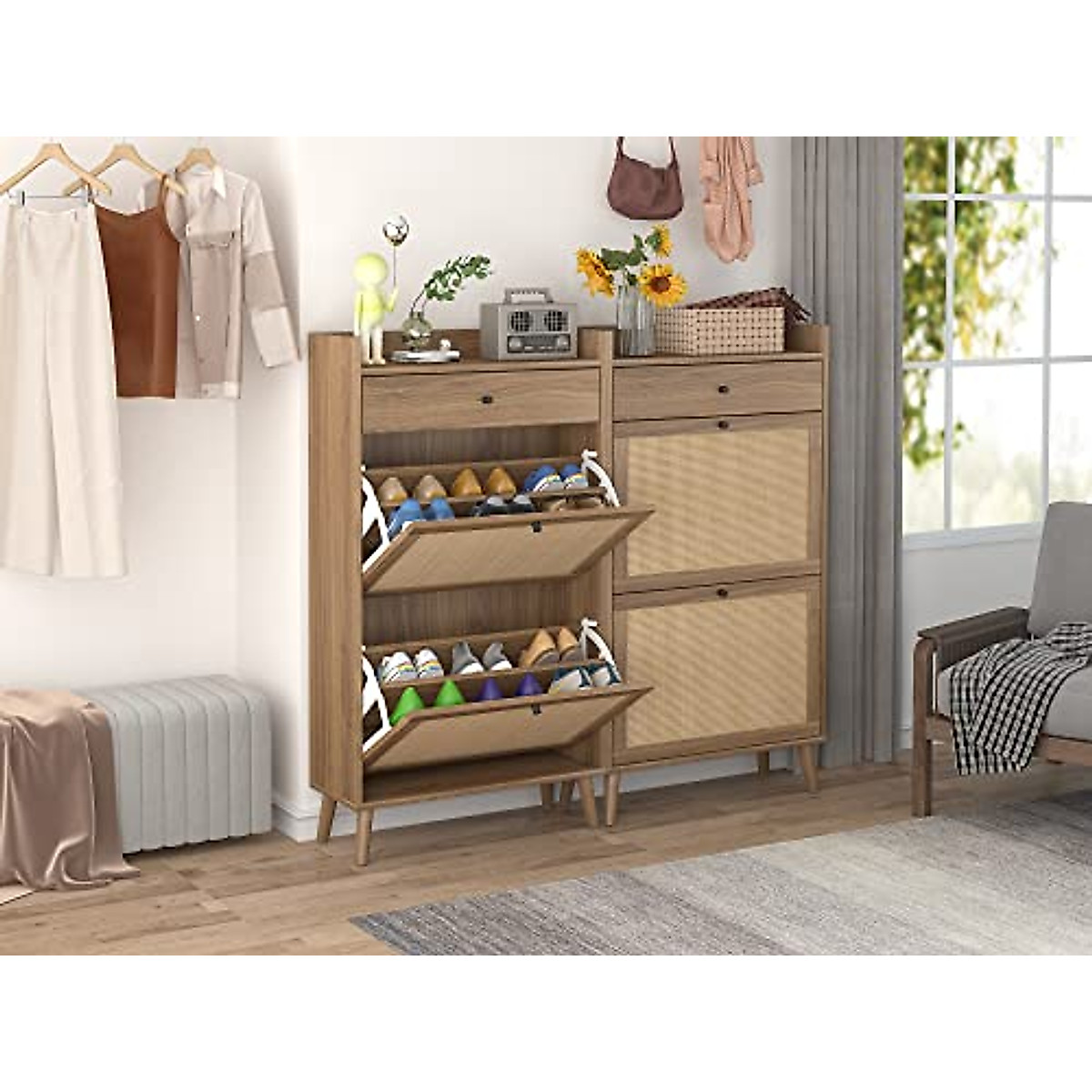 Pvillez Shoe Storage with Flip Drawers & Open Shelves,NaturalRattan Shoe Cabinets,Shoe Organizer RackWooden Shoe Organizer for Entryway/Bedroom/Living Room/Apartment,Free Standing