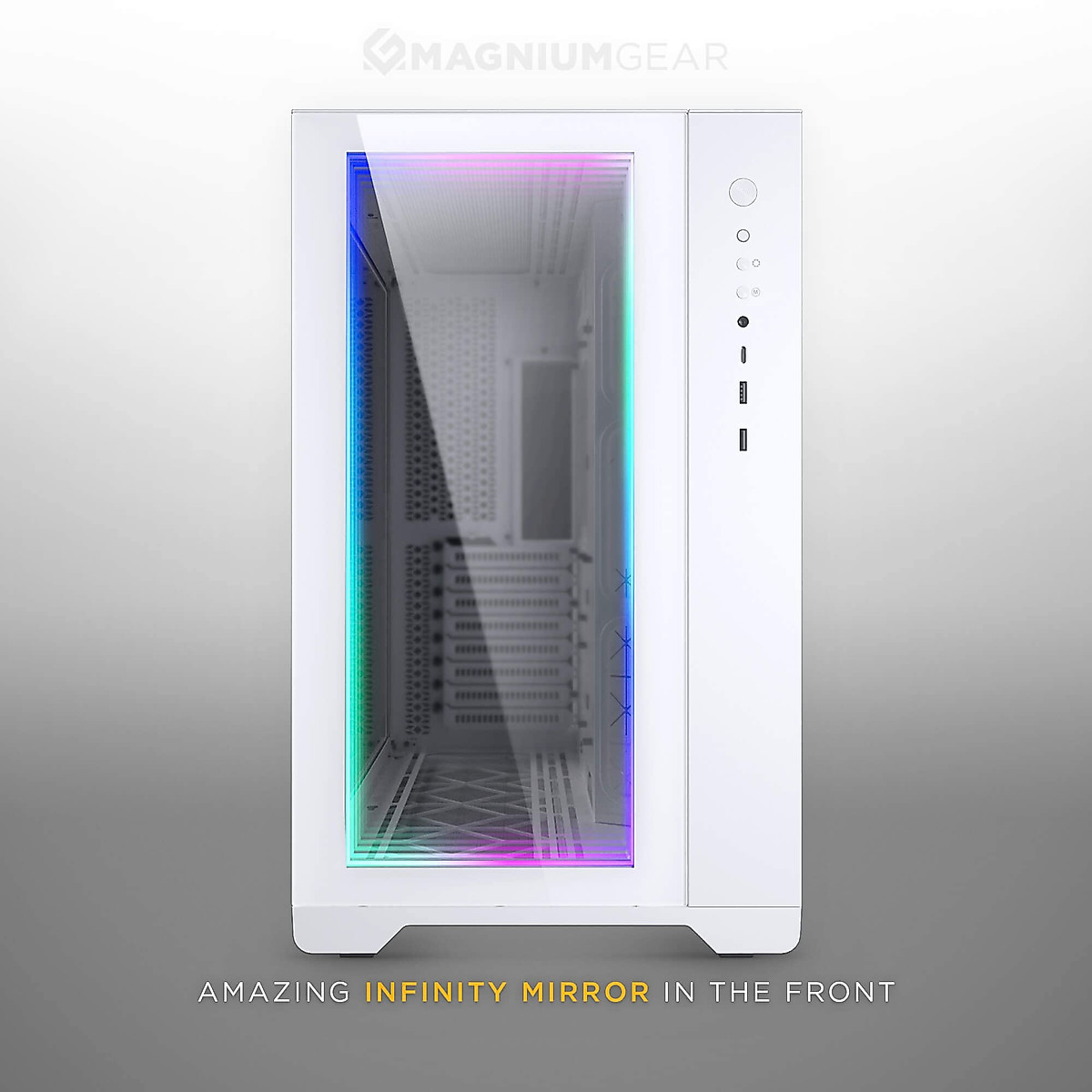 MagniumGear (MG-NE620QI_DWT02) NEO Qube 2 IM, Dual Chamber ATX Mid-Tower, Digital-RGB Infinity Mirror Front Panel, Front I/O USB Type C, Tempered Glass Panels, White