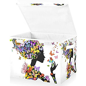 RunningBear Flowers Girl Butterflies Large Storage Bins with Lid Collapsible Storage Bin Storage Organizer Bin Cute Bin for Shelf Closet Nursery Home