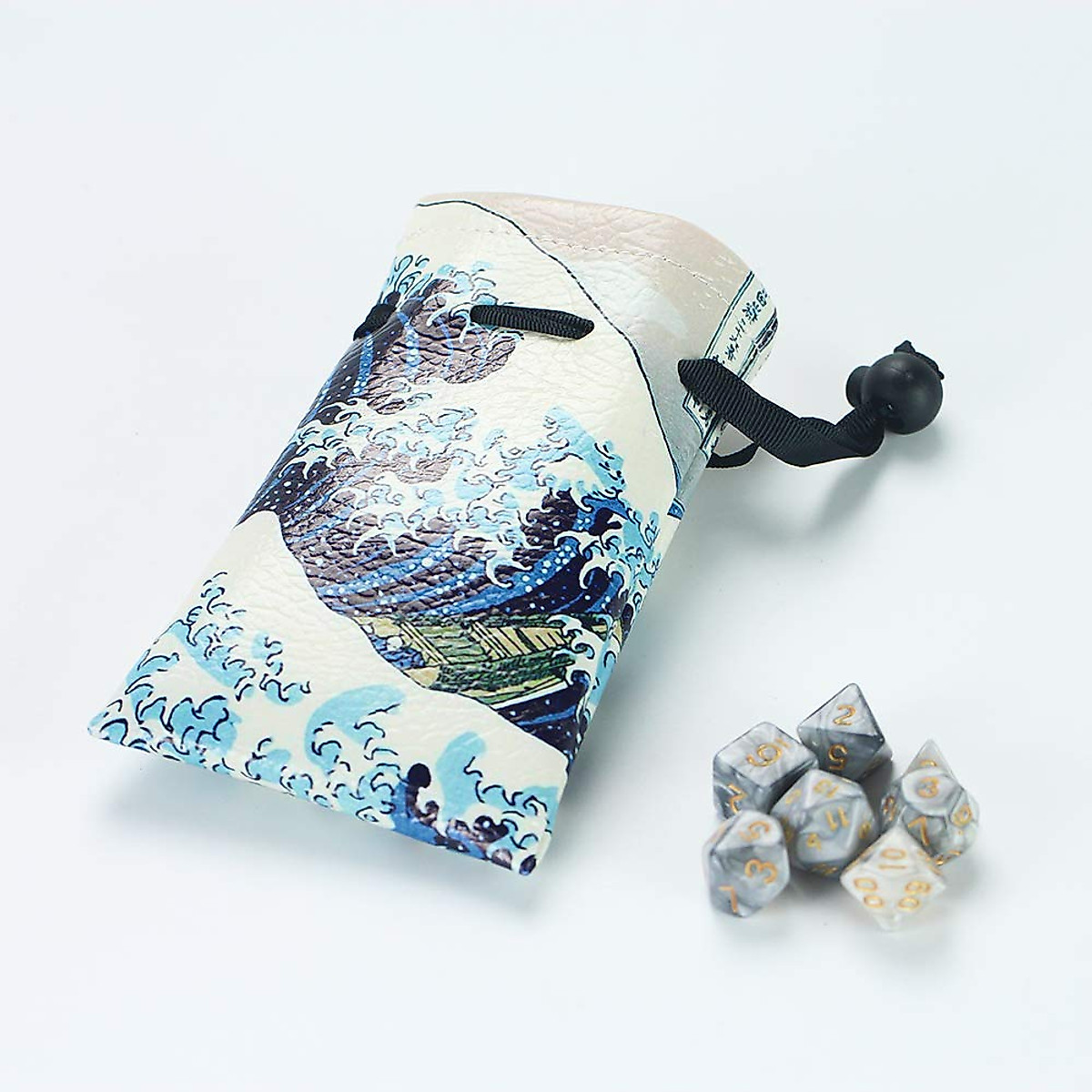 QIELIZI DND Dice Bag Pouch,PU Leather Dragon Dice Pouch Wih 7 Die Set Perfect for Dungeons and Dragons RPG D&D Dices, Coins and Accessories(Huge Wave)