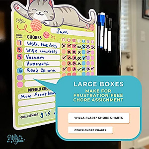 Willa Flare Fridge Chore Chart 1 pc | Magnetic Chore Chart For Kids and Adults | Helps to Reward Responsibility with Family Chores Charts | Includes Wet and Dry Erase Markers (Gray Cat)
