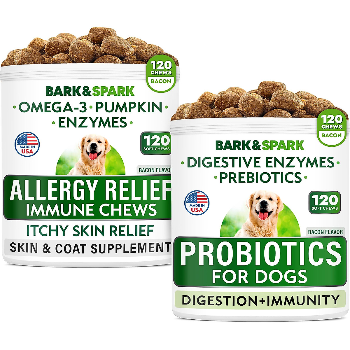 Allergy Relief + Probiotics & Digestive Enzymes for Dogs - Anti-Itch Skin & Coat Supplement - Omega 3 Fish Oil - Gut Health - Pet Diarrhea Gas Treatment, Upset Stomach Relief Pills, Digestion Health