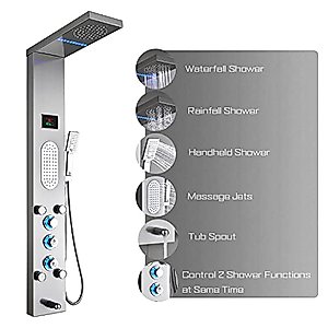 ELLO&ALLO LED Shower Panel Tower System, Rainfall and Mist Head Rain Massage Stainless Steel Shower Fixtures with Adjustable Body Jets, Brushed Nickel