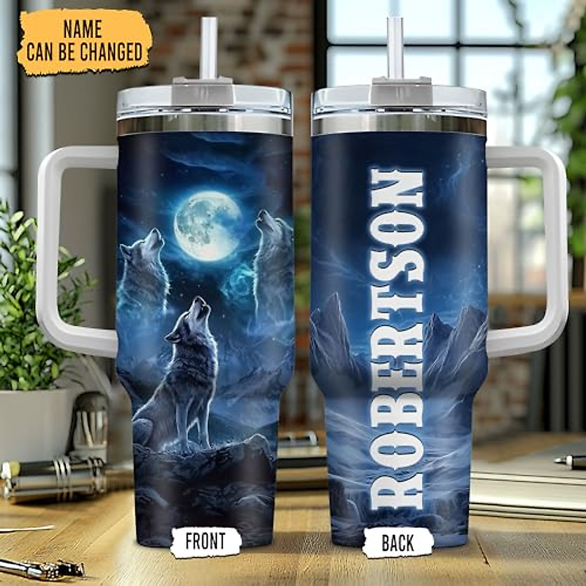 Foxcorner Personalized Wolf 40oz Tumbler with Handle and Straw Gifts for Wolf Lovers, Father's Day Gifts For Men, Dad, Birthday Gift Ideas, Custom Name Insulated Stainless Steel Travel Cup With Lid