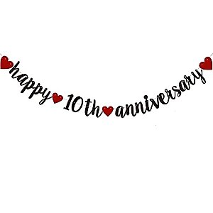 Happy 10th Anniversary Banner, Pre-Strung,Black Glitter Paper Garlands for 10th Wedding Anniversary Party Decorations Supplies, No Assembly Required,(Black)SUNbetterland