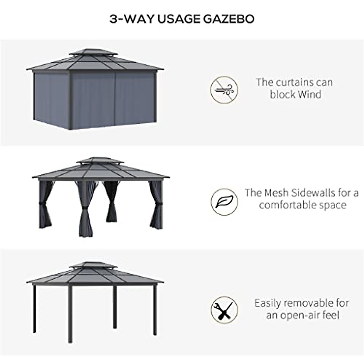 LUKEO 10x12 Hardtop Gazebo Aluminum Frame Gazebo, Polycarbonates Gazebo Canopy with Curtains for Patio Lawn and Garden