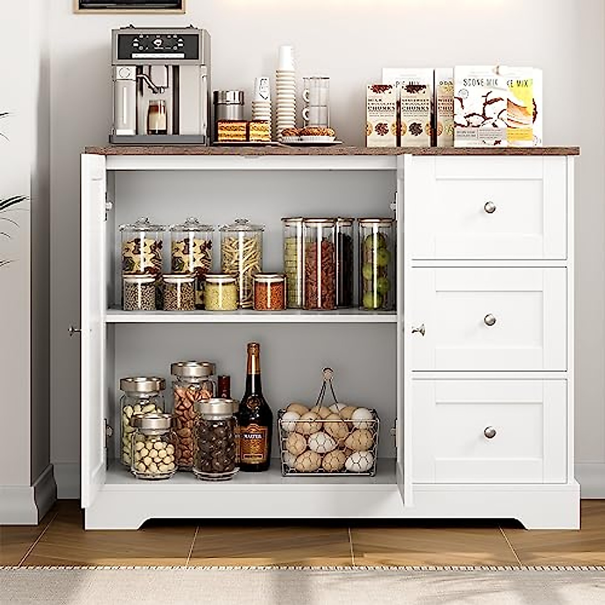 BOTLOG Buffet Cabinet with Storage, Kitchen Sideboard Buffet Storage Cabinet White, Coffee Bar Cabinet with Drawers and Shelves for Kitchen, Dining Room, Living Room, White