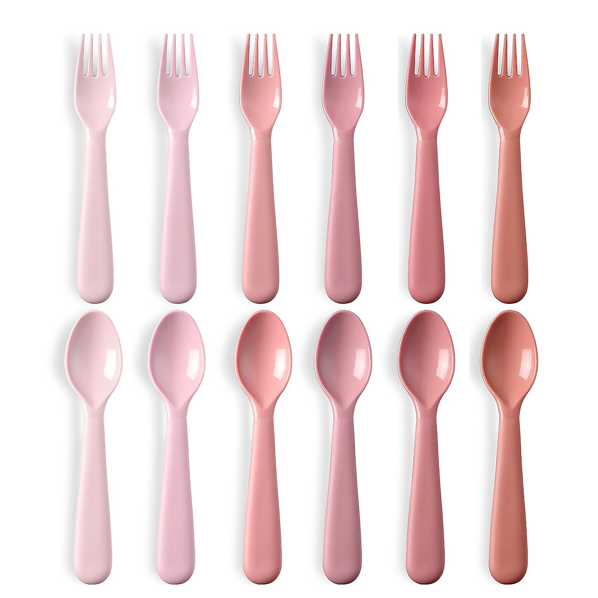 12 Pcs Toddler Utensils Set, Plastic Spoons and Forks Set for Kids, Multicolor Children Safe Flatware, Plastic Reusable Cutlery, BPA Free, Dishwasher Safe - Pink