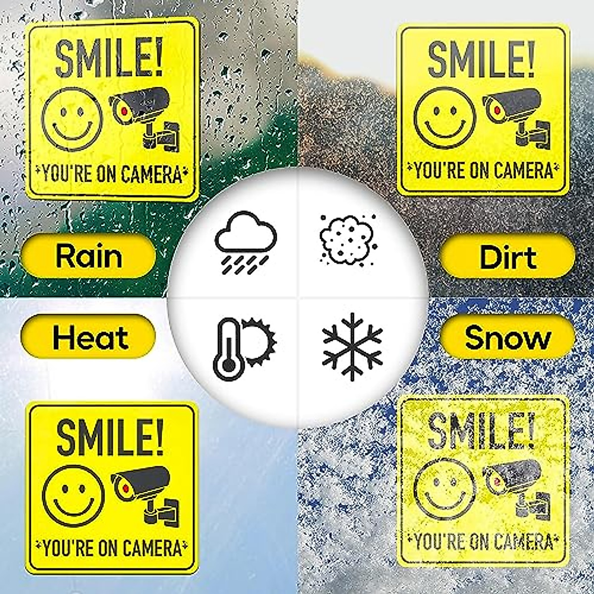 ASSURED SIGNS Smile You're On Camera Signs Stickers - 7 X 7 Inch - 8 Pack - Polite Video Surveillance Security Sign to Prevent Trespassing on Your Private Property - Perfect for House, Business, Yard or Driveway