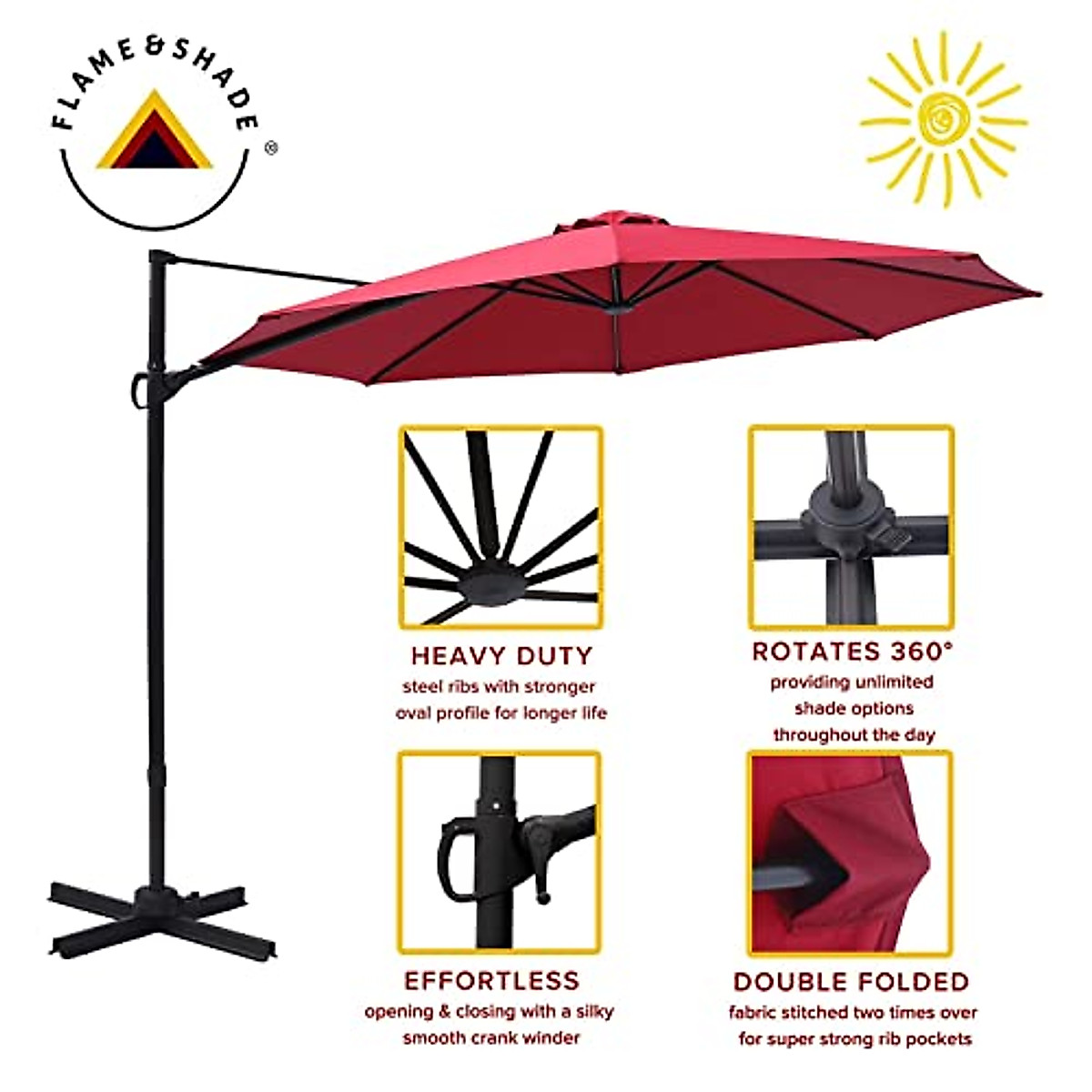 FLAME&SHADE 10 ft Cantilever Offset Outdoor Patio Umbrella with Base Stand Rotate and Tilt - Red