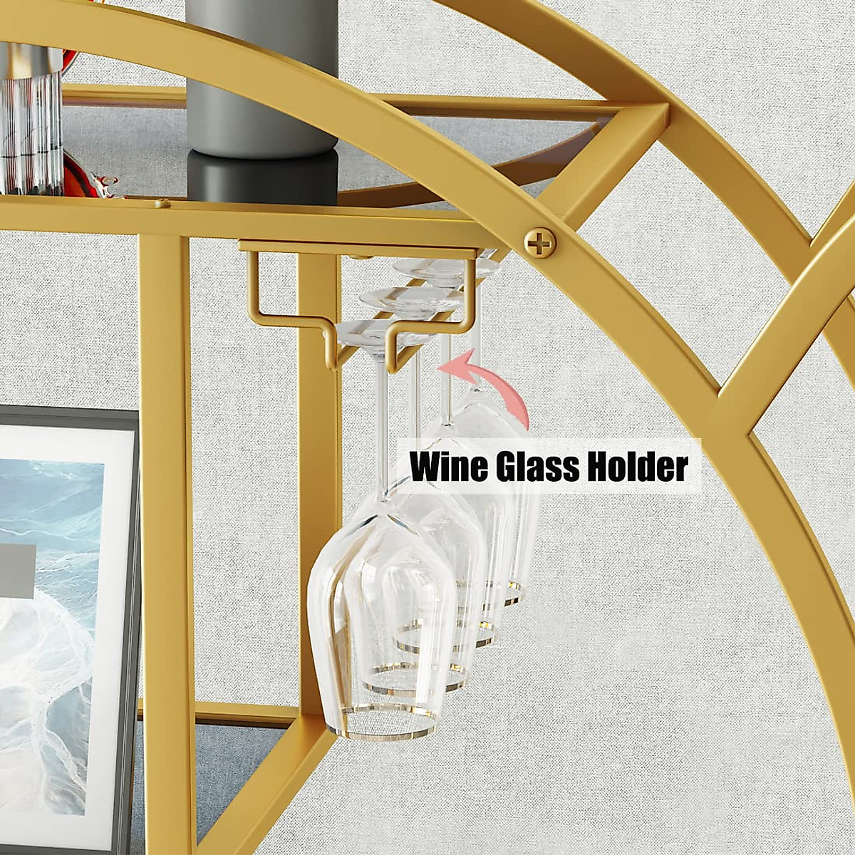 HEONITURE Bar Cart, Upgraded 3 Tier Gold Bar Serving Cart with Glass Holder and Wheels, Metal Handle Round Bar Carts for The Home, Kitchen, Living Room