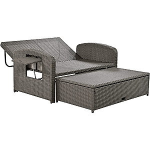 PE Wicker Rattan Double Chaise Lounge with Cushions & Pillows, 2-Person Reclining Sunbed with 3-Height Adjustable Back for Patio Balcony, Free Furniture Protection Cover (Gray + Rattan + Foam)