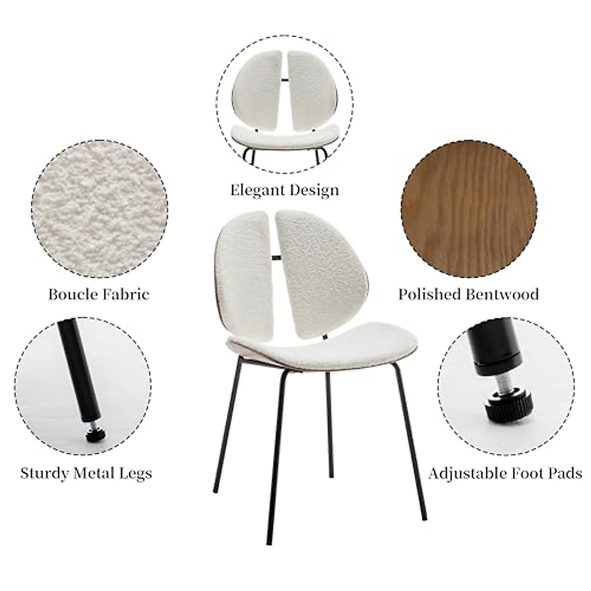 Art Leon Dining Chairs, Set of 2, Modern Boucle Fabric Dining Room Chairs with Bentwood, Armless Accent Chairs with Metal Legs for Kitchen Restaurant, White