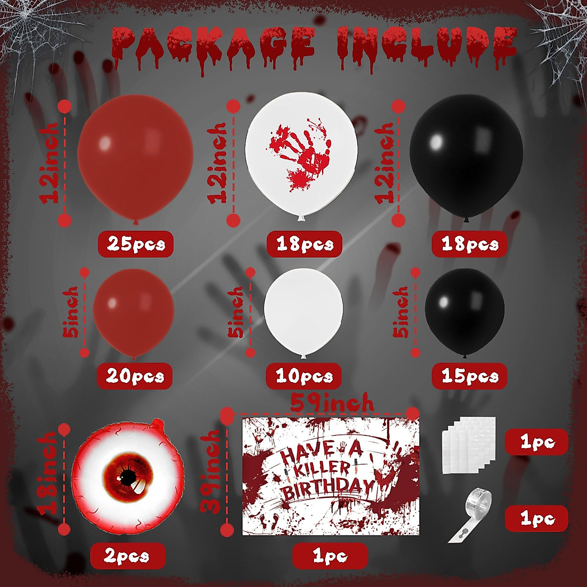Halloween Balloon Arch Kit Scary Halloween Birthday Party Decorations-Red Black White Bloody Hand Balloons With Have a Killer Birthday Banner Eye Balloons For Halloween Theme Party Supplies