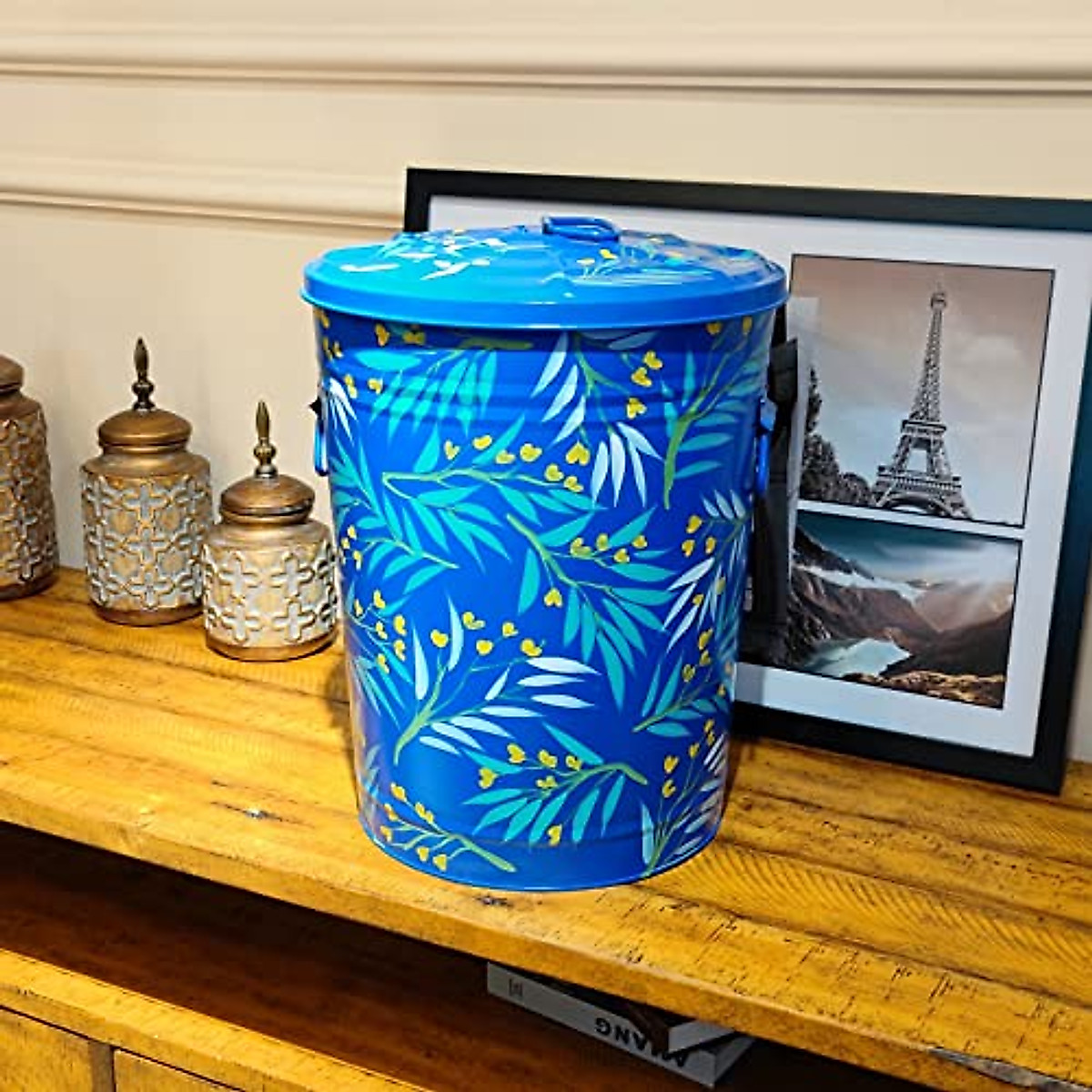 HOZUSO Hand Painted Metal Trash Can with Lid Recycling Canister Storage Organization Decorative Garbage Can Waste Bin for Kitchen Living Room Home Patio Yard Home Decor 10 Gallons