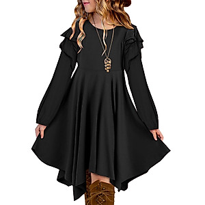 blibean Girls Long Sleeve Dress Tween Fall Boho Puff Dresses Cute Tiered Elastic Cuff High Low Ruffle Outfit Swing Clothes Midi Kid Clothing Size 8-9 Years Old Solid Black