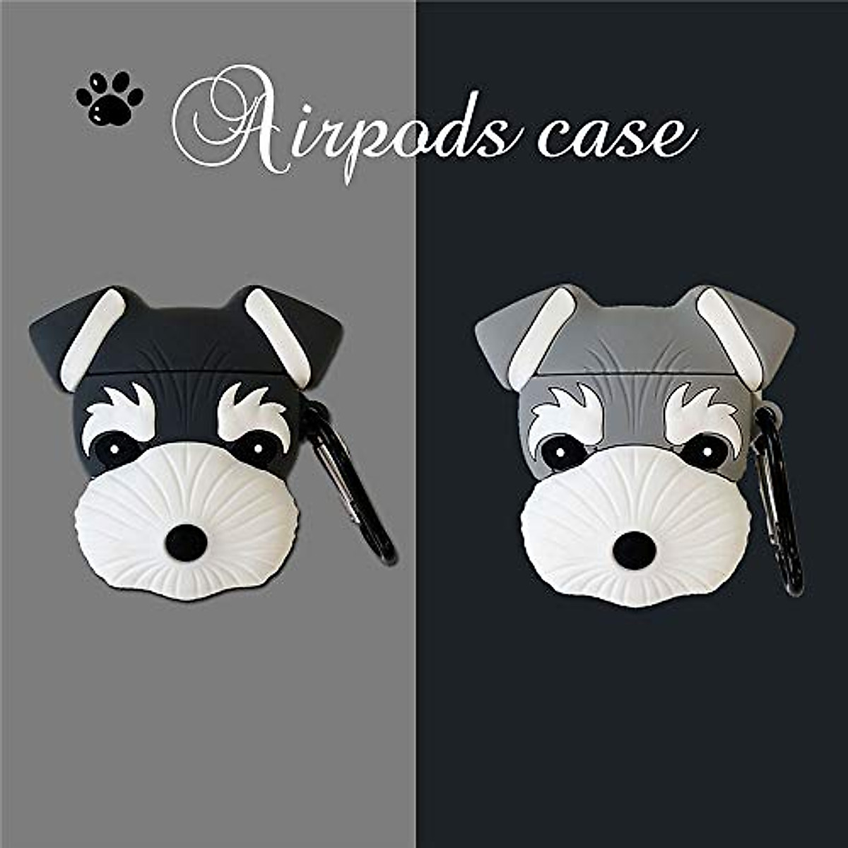 TOU-BEGUIN Wireless Charging Earphone Case Compatible with Airpods 1 & 2,Teens Girls Cute Cartoon Schnauzer Dog Design Soft Silicone Full Body Protective Skin Cover Accessories with Hook(Gray)