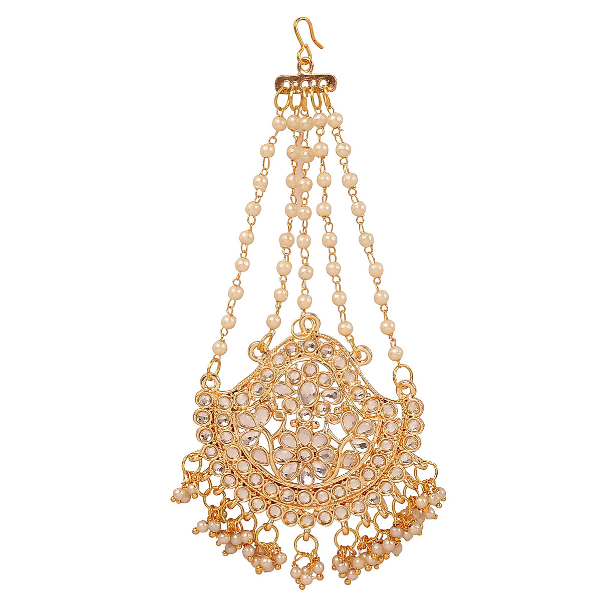 Touchstone Indian Bollywood Pretty Magical Floral Handcrafted Indian Mughal Kundan Look Faux Pearls Hangings Head Enhancing Bridal Designer Jewelry Jhoomer in Gold Tone for Women.