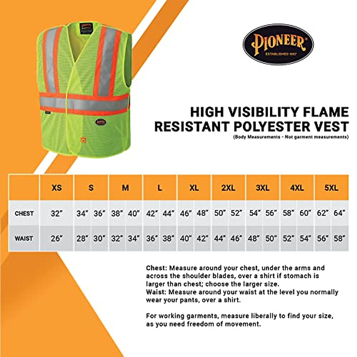 Pioneer High Vis Flame Resistant Vest – For Men and Women - 3 Snap Button Front - Mesh - Reflective Tape - Yellow/Green