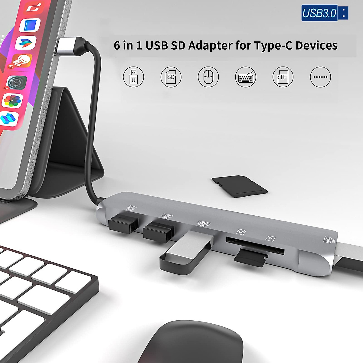 USB C to USB 3.0 Hub for iPad Pro 11/ iPad Mini/MacBook Air 6 in 1 Multifunction SD MicroSD Adapter for MAC
