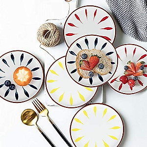 Aquiver 6'' Ceramic Dessert Plates - Color Painted Porcelain Appetizer Plates - Tea Party Small Serving Plates for Cake, Pie, Snacks, Ice Cream, Side Dish, Waffles - Set of 6 (3 Colors)
