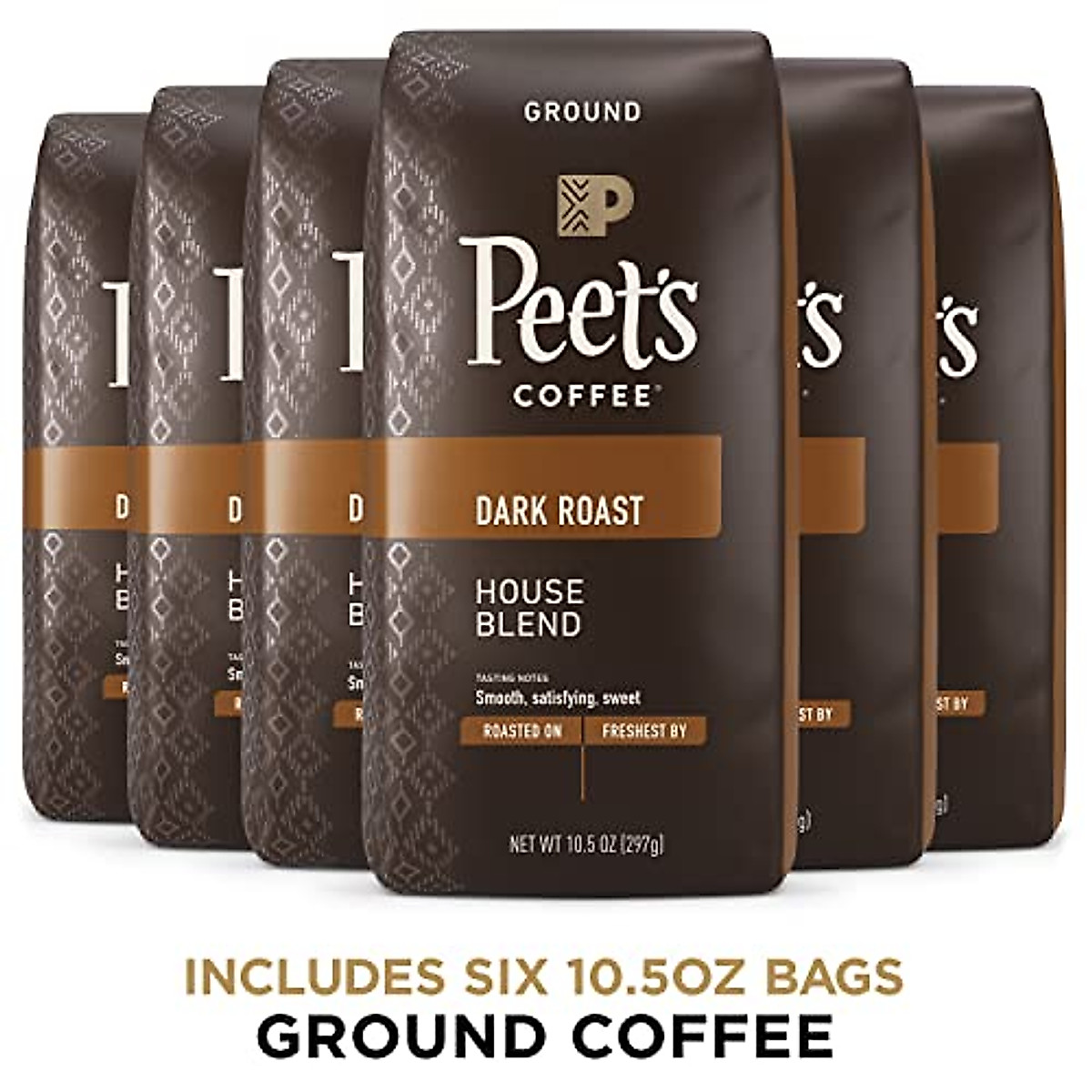 Peet's Coffee, Dark Roast Ground Coffee - House Blend 63 Ounces (Six Bags of 10.5 Ounce)
