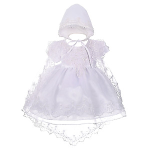 Dressy Daisy Baby Girls' Beaded Scalloped Embroideries Baptism Christening Gown Dress With Cape And Bonnet Infant Size 0-3 Months White