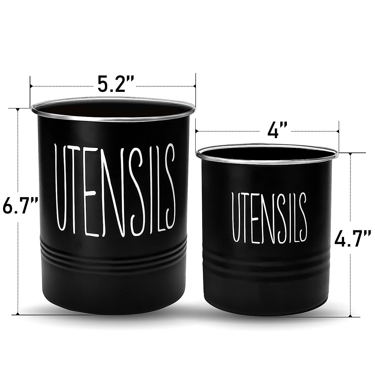 CHEODIN 2 Pack Kitchen Utensil Holders, 6.7"+ 4.7" Utensil Hodler for Countertop, Cooking Utensil Crock with Cork Bottom, Modern Farmhous Kitchen Decor, Black