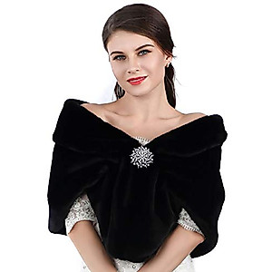 Unicra Wedding Fur Wraps and Shawls Faux Fox Fur Stoles Winter Cover Up with Rhinestones Brooch for Women and Girls (US 4-14(S-M), Black)